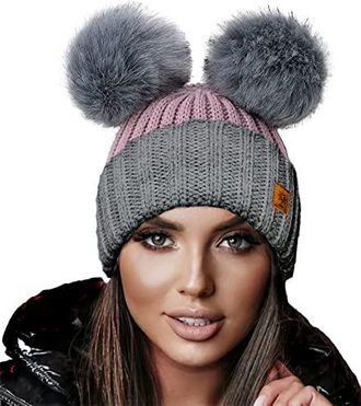 4sold Miki Mesdames Femmes dhiver Chapeau en Laine Tricoté Bonnet avec Double Pom Pom Cap Ski Snowboard Bobble (Rouse Pink Grey)