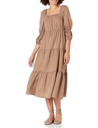 The Drop Damen Keyla gestuftes Midikleid mit Puffärmeln, quadratischem Ausschnitt, Pilz, S