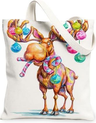 Generic Sacs fourre-tout en toile d&eacute;lan - R&eacute;utilisables - Motif animal color&eacute; - L&eacute;gers et lavables - Avec bandouli&egrave;re, blanc, 13x15 Inch