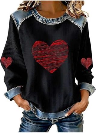 Generic Sweat-shirt &agrave; manches longues et col rond en denim pour femme - Patchwork - Motif coeur - D&eacute;contract&eacute; - Col rond, Noir, 3XL