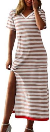 Generic Robe d&eacute;t&eacute; d&eacute;contract&eacute;e &agrave; manches courtes pour femme - Robe t-shirt &agrave; rayures - Longue robe maxi - Robe boh&egrave;me - Plage - Vacances - Essentiels pour les