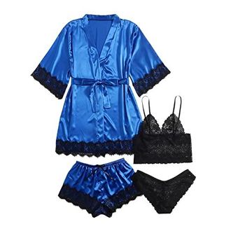 Generic Ensemble de pyjama 4 pi&egrave;ces en satin pour femme - Ensemble de pyjama en satin 4 pi&egrave;ces - Robe de nuit confortable et soyeuse en dentelle de soie Cami 