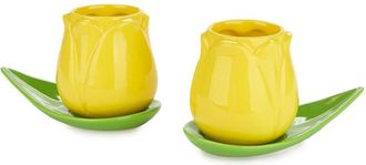 Balvi Kaffeetassen-Set Tulip Farben Gelb/Grün 2 tulpenförmige Kaffeetassen und 2 Teller in Blattform