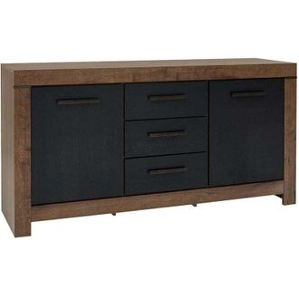PEGANE Commode Buffet &agrave; 2 portes et 3 tiroirs, coloris Ch&ecirc;ne marron fonc&eacute;/Ch&ecirc;ne noir - Longueur 160 x Profondeur 45 x Hauteur 85 cm
