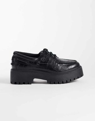 Timberland Stone Street chaussures bateau &agrave; plateforme 3 oeillets noires en cuir pleine fleur