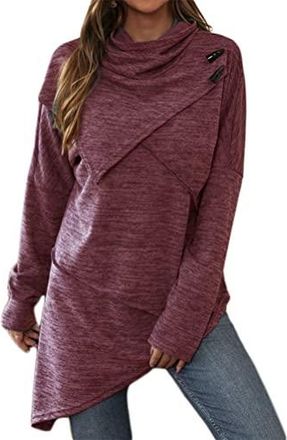 ORANDESIGNE T-Shirts &agrave; Manches Longues Femme Asym&eacute;trique Long Sleeve Sweatshirt Couleur Unie Hiver Chaud Chic &Eacute;l&eacute;gant Pull Long Boutonn&eacute; Haut D&eacute;contract&eacute;es Tuniqu