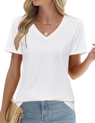 Zeagoo Été T-Shirts pour Femmes à Col en V pour Femmes T-Shirt Basique à Manches Courtes Top Plissé Élégant Couleur Unie T-Shirts Amples Tuniques Décontracté