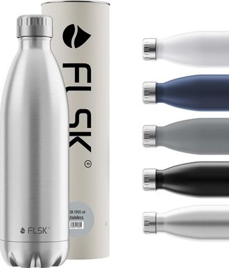 FLSK Trinkflasche - Premium Edelstahl Thermosflasche - 100 % auslaufsicher & kohlens&auml;uregeeignet - h&auml;lt 24 h kalt & 18 h hei&szlig; - BPA-frei (stainless, 1000 m