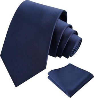 Alizeal Cravate et mouchoir pour homme de 8 cm de couleur unie classique daffaires formelle avec poche carr&eacute;e, 140A-Bleu marine, taille unique