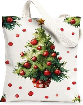 Generic Sacs fourre-tout en toile de No&euml;l, motif arbre festif et pois r&eacute;utilisables, fantaisie, l&eacute;gers et lavables en toile pour les vacances, le shopping, 33