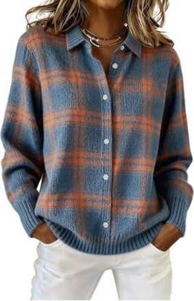 Generic Cardigan boutonn&eacute; d&eacute;contract&eacute; en coton pour femme, cardigan tricot&eacute; &agrave; carreaux pour femmes, cardigan &agrave; manches longues confortable, 03-C, Taille M