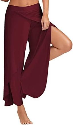 Onsoyours Pantalon de Yoga à Fente Haute pour Femmes Eté Pantalon dentraînement Léger à la Mode Ample Pantalon Palazzo décontracté à Superposition Fluide A Vin 