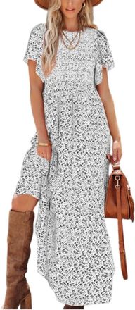 PrettyGarden Damen Sommer Casual Flattern Kurzarm Boho Floral Maxikleid Rundhalsausschnitt Gesmokt Stufened Lange Kleider, Weiss/opulenter Garten, Mittel