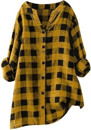 Generic Chemisier long &agrave; carreaux pour femme - Tunique longue - Grandes tailles - Col en V - Boutonn&eacute; - Confortable - D&eacute;contract&eacute; - Manches longues - Chemise 