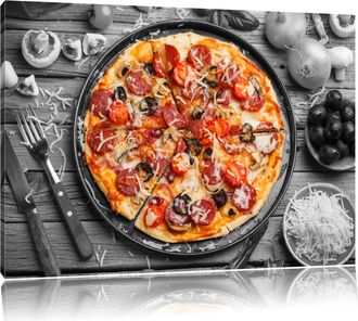 Pixxprint köstliche Pizza auf Pizzablech B&W, Größe: 100x70cm, Leinwandbild, fertig gespannt, Wandbild, Dekoration, Kunstdruck, kein Poster