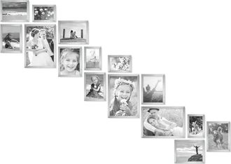 Photolini silberne Bilderrahmen Set verschiedene Größen, 15 Bilderrahmen Treppenaufgang Holz MDF, Bilder Rahmen mit Acrylglas, Bilderrahmenset zum Aufhängen, Fo