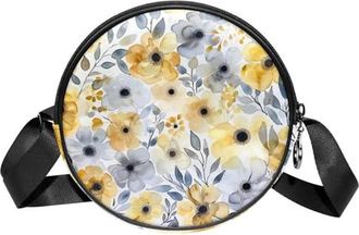 Generic Petit sac &agrave; bandouli&egrave;re circulaire pour femme, motif feuilles florales, sac &agrave; dos avec fermeture &eacute;clair, bretelles r&eacute;glables, sac &agrave; main rond d&eacute;contra