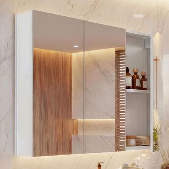 Mendler Spiegelschrank HWC-B19b, Badschrank H&auml;ngeschrank, 6 Regalb&ouml;den Hochglanz FSC-Zertifiziert 70x80x16cm - wei&szlig;