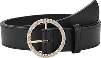 Generic Ceinture en cuir r&eacute;glable avec boucle ronde incrust&eacute;e pour femme, Noir, taille unique