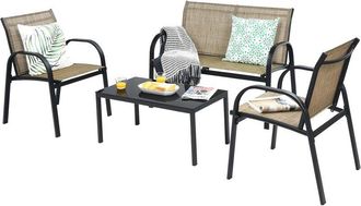 Costway Ensemble Salon de Jardin 4 Pi&egrave;ces en M&eacute;tal, 2 Fauteuils, Ensemble de Meubles de Patio 1 Causeuse 2 Chaises 1 Table Basse en Verre, pour Jardin