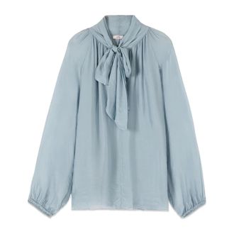 Oltre Bluse aus Seiden-Voile-Mix mit Schleife - - Blouses & Shirts - Damen - Blau - XL