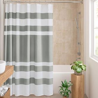Madison Park Geteilter Solider Mikrofaserstoff mit 3M Scotchgard wasserabweisender Behandlung, Moderne Badezimmerdekoration Spa Waffel Duschvorhang, Polyester, gra