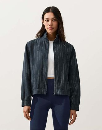 Oysho Hochgeschlossene Jacke aus 100% Leinen in Marineblau mit Nadelstreifen-Navy