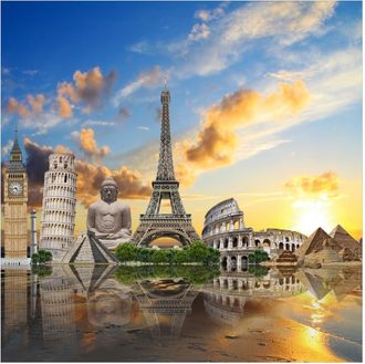 Wallario Sticker/Aufkleber für Kühlschrank/Geschirrspüler/Küchenschränke, Selbstklebende Folie - 60 x 60 cm, Motiv: Weltwunder auf einen Blick