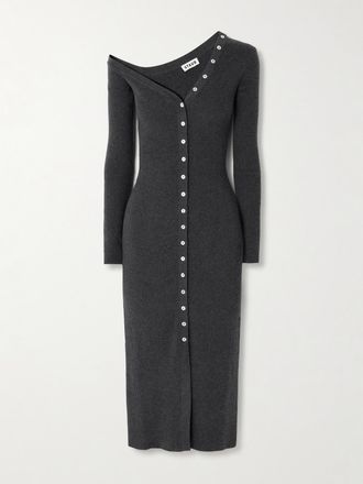 Staud Craftsman Schulterfreies Midikleid Aus Einer Gerippten Baumwoll-wollmischung - Grau