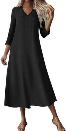 Generic Robe longue en lin pour femme - Col en V - Manches 3/4 - Solide - Longue robe d&eacute;t&eacute; - Tenue de vacances pour la plage et les voyages, Noir, XXL