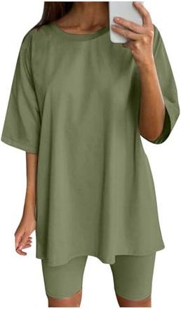 Generic Ensemble 2 pi&egrave;ces pour femme 2026 d&eacute;t&eacute; 2026 - Ensemble de salon assorti - T-shirt surdimensionn&eacute; - Tenue courte de motard, vert clair, 3XL