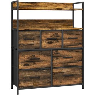 HOMCOM Homcom - Commode style industriel - 7 tiroirs, 2 &eacute;tag&egrave;res - acier noir mdf non tiss&eacute; effet bois vieilli