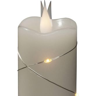 Konstsmide LED Echtwachskerze weiß, mit 3D Flamme und silberfarbenem Draht umwickelt, 4h/8h Timer, 1 warm weiße Diode / 6 LED Tropfen, batteriebetrieben, Innen, 