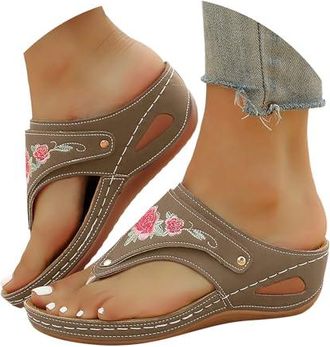 Generic Pantoufles orthop&eacute;diques compens&eacute;es pour femme 2026 &agrave; plateforme en cuir &agrave; fleurs - Sandales d&eacute;t&eacute; habill&eacute;es pour femme - Soutien de la vo&ucirc;te plantaire