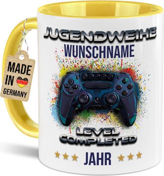 Tassendruck Tasse zur Jugendweihe mit Namen und Jahr selbst gestalten - Level completed, Controller - Personalisiertes Geschenk - Keramiktasse, 300 ml, Innen & He