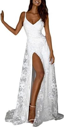 Onsoyours Robe de Soirée Femme Robe sans Manches en Dentelle à Col en V Cocktail Cérémonie Élégante Robe de Mariée Vintage Maxi Robe D Blanc S