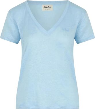 MC2 Saint Barth Femme, Tops, Bleu, Taille: 42 FR Eloise T-shirt en lin &agrave; col en V