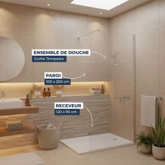 GROHE Dusch-Komplettset - Walk-In Duschwand 100x200 Chrom + Grohe Tempesta 3 Strahlarten + Gussmarmor-Duschwanne Wei&szlig; 120x90