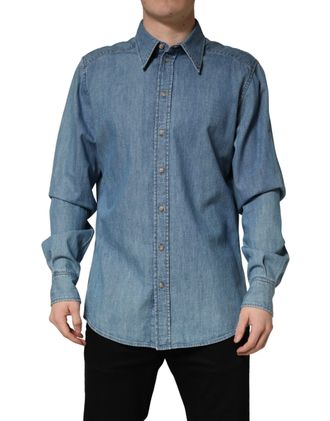 Dolce & Gabbana Mens Blue Cotton Stretch Casual Denim Slim Shirt Elastane