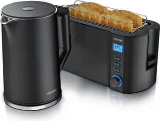 Arendo Fr&uuml;hst&uuml;cksset, Wasserkocher elegant 1,5 Liter, 4-Scheiben Langschlitz Toaster, Schwarz - Arendo