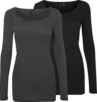 Vero Moda Lot de 2 t-Shirts pour Femme - À Manches Longues, Gris/Noir (1 x Gris foncé chiné/1 x Noir), XXL