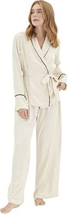 Trendyol Plain Belted Detailed Thin Woven Shirt-Trousers Pajama Set Ensemble de Pijama, Beige, 40 Femme