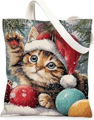 Generic Sacs fourre-tout en toile motif chat de No&euml;l, motif f&eacute;lin, sacs d&eacute;picerie r&eacute;utilisables, amusants pour lhiver, l&eacute;gers et lavables, multicolore, 13x15 