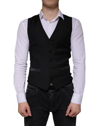 Dolce & Gabbana Mens Black Wool Waistcoat Dress Formal Vest Virgin Polyester Silk