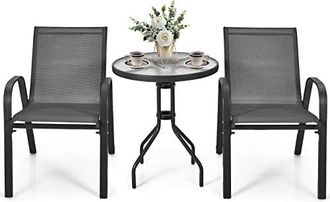 Giantex Slaon de Jardin 2 Personnes en Tissu Respirant, Table de Jardin Ext&eacute;rieure avec 2 Chaises Empliables, Plateau en Verre Tremp&eacute;, Cadre en M&eacute;tal, pour Pi