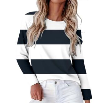 Generic Haut rayé à manches longues et col rond pour femme - Léger - Coupe ample - Pull classique, Z04-Noir., S