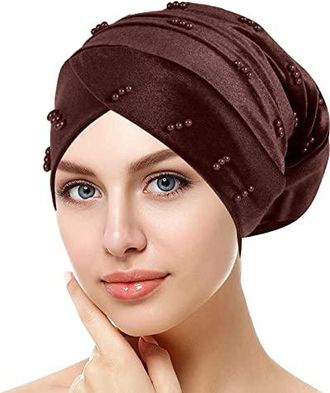 Generic Bonnet pour femme avec perles Hijab tress&eacute; - Bonnet pr&eacute;-nou&eacute; - Turban - Pour femme, caf&eacute;, taille unique