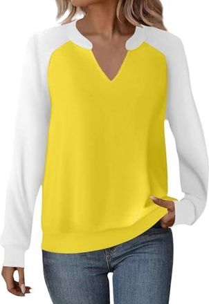 Generic Sweat-shirt léger pour femme, col en V, basique, uni, manches longues, coupe ample, pull dautomne, Z02-jaune, S
