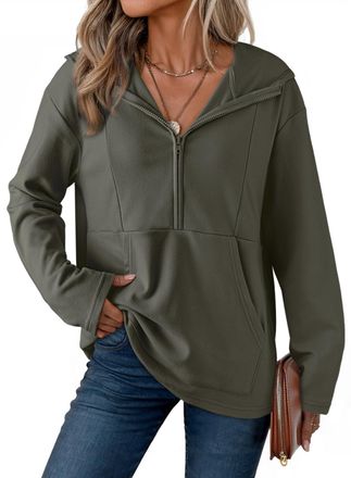 Dokotoo Kapuzenpullover Damen Hoodie Oversize Langarm Rei&szlig;verschluss Half Zip Pullover Sweatshirts mit Taschen Oberteil Warm Weich Fleece Herbst Winter L&auml;ssig