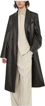 Generic Trench en peau de mouton v&eacute;ritable pour femme - Veste longue en cuir kaki &agrave; revers crant&eacute; dautomne &agrave; double boutonnage, Noir, L